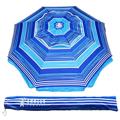 AMMSUN 6.5 Foot Heavy Duty HIGH Wind Beach Umbrella with tilt Sun Shelter, UV 50+ Protection Outdoor Sunshade Umbrella with Carry Bag for Patio Garden Beach Pool Backyard stripe Blue