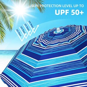 AMMSUN 6.5 Foot Heavy Duty HIGH Wind Beach Umbrella with tilt Sun Shelter, UV 50+ Protection Outdoor Sunshade Umbrella with Carry Bag for Patio Garden Beach Pool Backyard stripe Blue