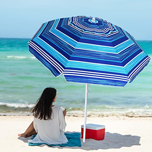 AMMSUN 6.5 Foot Heavy Duty HIGH Wind Beach Umbrella with tilt Sun Shelter, UV 50+ Protection Outdoor Sunshade Umbrella with Carry Bag for Patio Garden Beach Pool Backyard stripe Blue