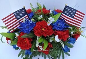 summer patriotic cemetery flowers with red roses, blue spider mums, blue roses, and white forget-me-nots headstone saddle arrangement