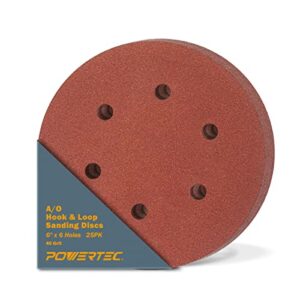 powertec 45204, 40 grit, 6 inch 6 hole hook and loop sanding discs, sandpaper for random orbital sander, air sander, pneumatic sander, dual action sander, 25pk