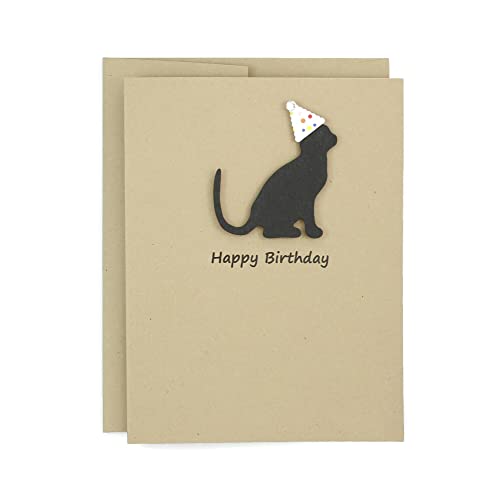 Black Cat Birthday Card | Handmade Single Greeting Card | Cat Silhouette with Party Hat Notecard with Envelope