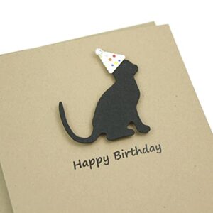 Black Cat Birthday Card | Handmade Single Greeting Card | Cat Silhouette with Party Hat Notecard with Envelope