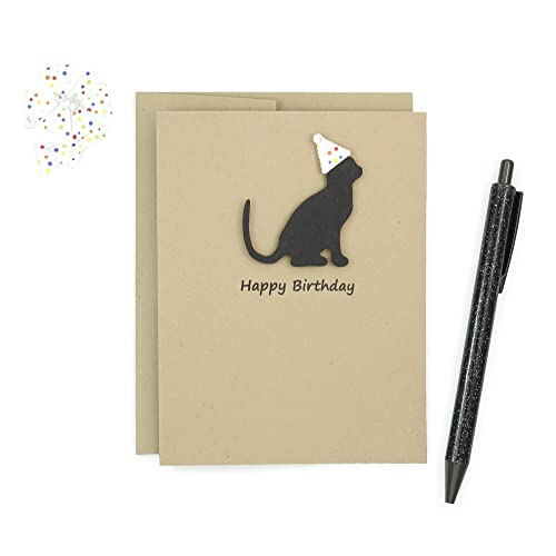 Black Cat Birthday Card | Handmade Single Greeting Card | Cat Silhouette with Party Hat Notecard with Envelope