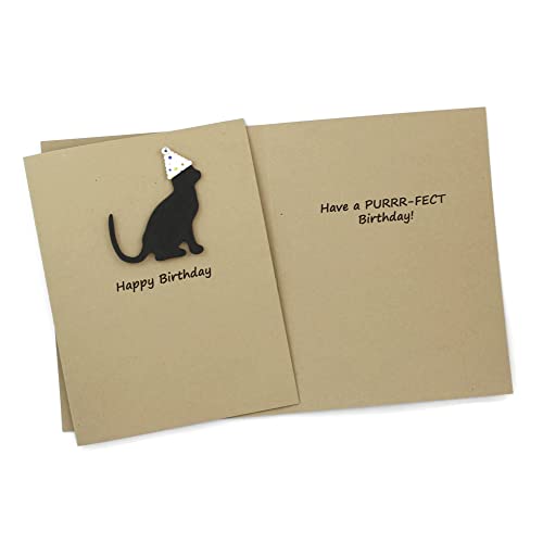 Black Cat Birthday Card | Handmade Single Greeting Card | Cat Silhouette with Party Hat Notecard with Envelope