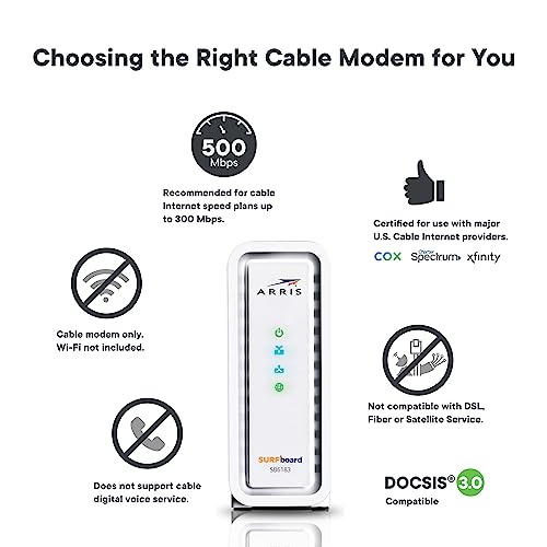 ARRIS SURFboard SB6183-RB DOCSIS 3.0 16x4 Gigabit Cable Modem, Comcast Xfinity, Cox, Spectrum and more, 1 Gbps Port, 400 Mbps Max Internet Speed, Easy Set-up with SURFboard Central App - RENEWED