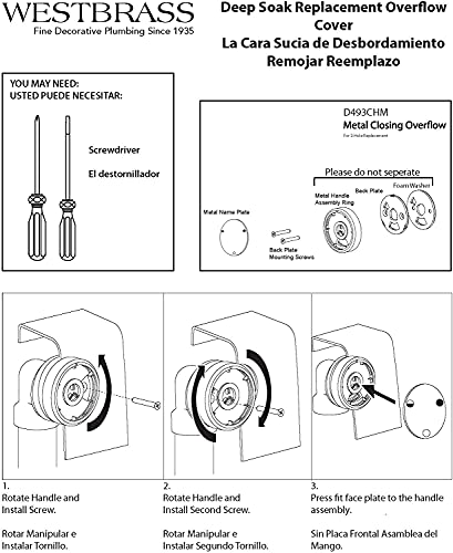 Westbrass D493CHM-26 Universal Patented Deep Soak Round Replacement 2-Hole Bathtub Overflow Cover for Full and Over-Filled Closure, 1 Pack, Polished Chrome - LOGO