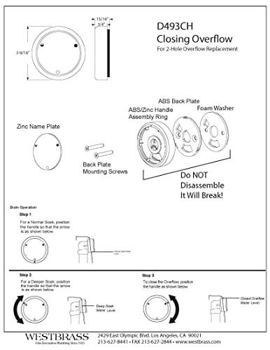 Westbrass D493CHM-26 Universal Patented Deep Soak Round Replacement 2-Hole Bathtub Overflow Cover for Full and Over-Filled Closure, 1 Pack, Polished Chrome - LOGO