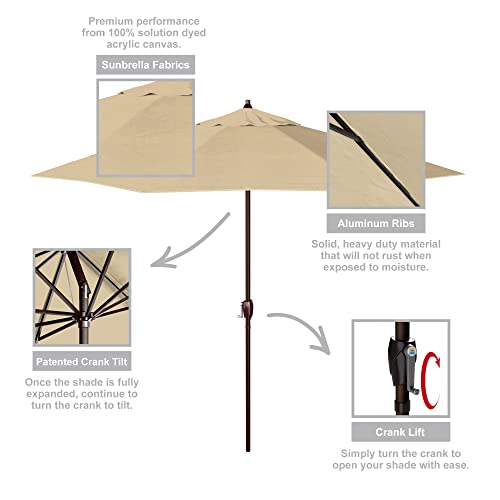 California Umbrella 9' Rd Sunbrella Aluminum Patio Umbrella, Crank Lift, Auto Tilt, Bronze Pole, Antique Beige