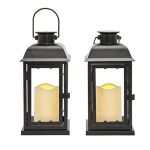 solar powered outdoor lanterns - 11 inch tall, set of 2, decorative candle lantern for patio, waterproof, black metal & glass, led pillar candle, dusk to dawn timer, batteries included