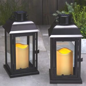 Solar Powered Outdoor Lanterns - 11 Inch Tall, Set of 2, Decorative Candle Lantern for Patio, Waterproof, Black Metal & Glass, LED Pillar Candle, Dusk to Dawn Timer, Batteries Included