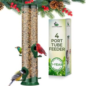 12 inches tube bird feeders for outdoors hanging, 4 feeding ports, hard plastic bird feeder outdoor weatherproof and 4 inch steel hanger, wild bird feeders, finch feeder, bird feeders outside hanging