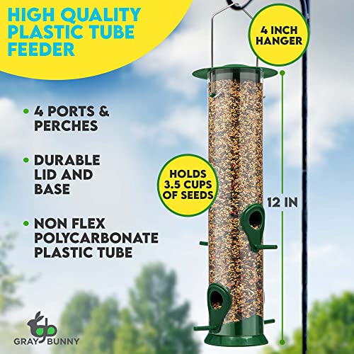 12 Inches Tube Bird Feeders for Outdoors Hanging, 4 Feeding Ports, Hard Plastic Bird Feeder Outdoor Weatherproof and 4 Inch Steel Hanger, Wild Bird Feeders, Finch Feeder, Bird Feeders Outside Hanging