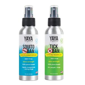 yaya organics tick ban + squito ban duo pack | all natural tick repellent and mosquito spray made with essential oils, deet-free | 2 4oz spray bottles