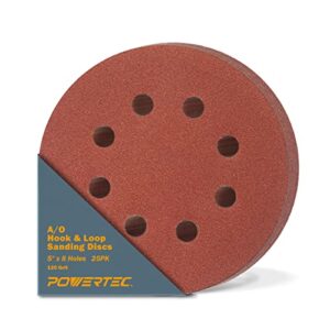 powertec 45012 5 inch 8 hole hook and loop sanding discs, 120 grit, 25 pk, sandpaper for random orbital sanders