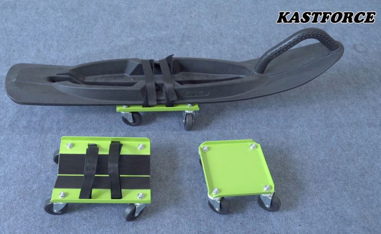 KASTFORCE Snowmobile Dolly Heavy Duty carries up to 1500 lbs (682 kg) V-Slide With 2.5” PVC Swivel Casters Rubber Pad Protecting Skis and 2 Pairs of Heavy Duty Straps Firmly Attaching on Skis KF2014