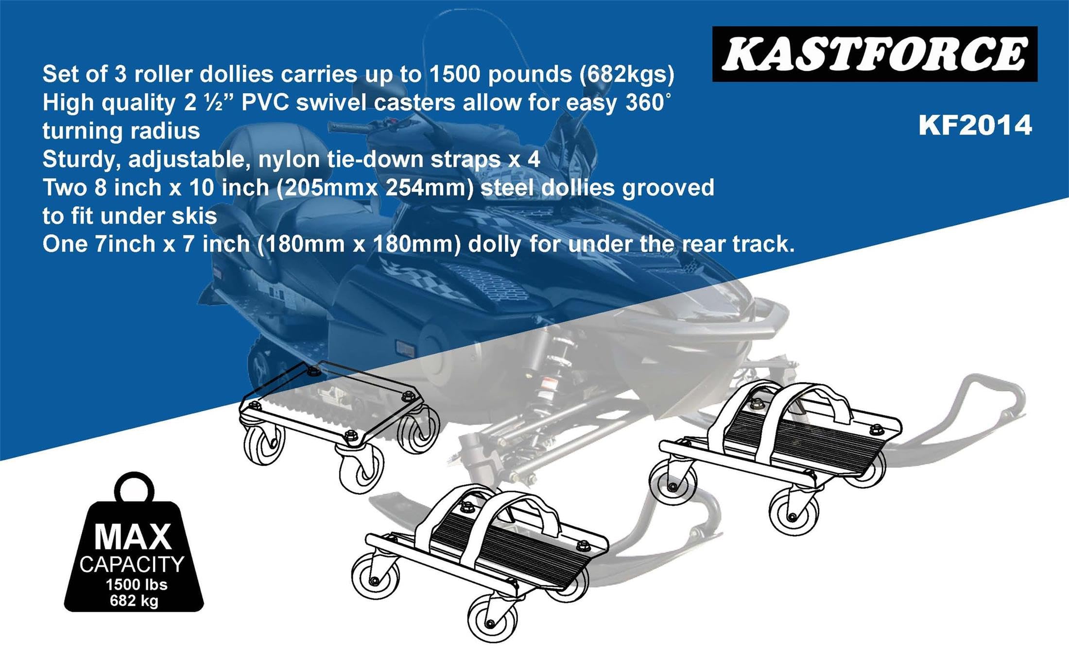 KASTFORCE Snowmobile Dolly Heavy Duty carries up to 1500 lbs (682 kg) V-Slide With 2.5” PVC Swivel Casters Rubber Pad Protecting Skis and 2 Pairs of Heavy Duty Straps Firmly Attaching on Skis KF2014