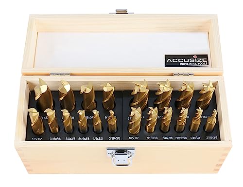 Accusize Industrial Tools 20 Pc Hss Tin Coated End Mill Set, 2 Flute and 4 Flute, Cutting Diameter from 3/16'' up to 3/4'', 1810-0100