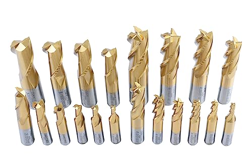 Accusize Industrial Tools 20 Pc Hss Tin Coated End Mill Set, 2 Flute and 4 Flute, Cutting Diameter from 3/16'' up to 3/4'', 1810-0100