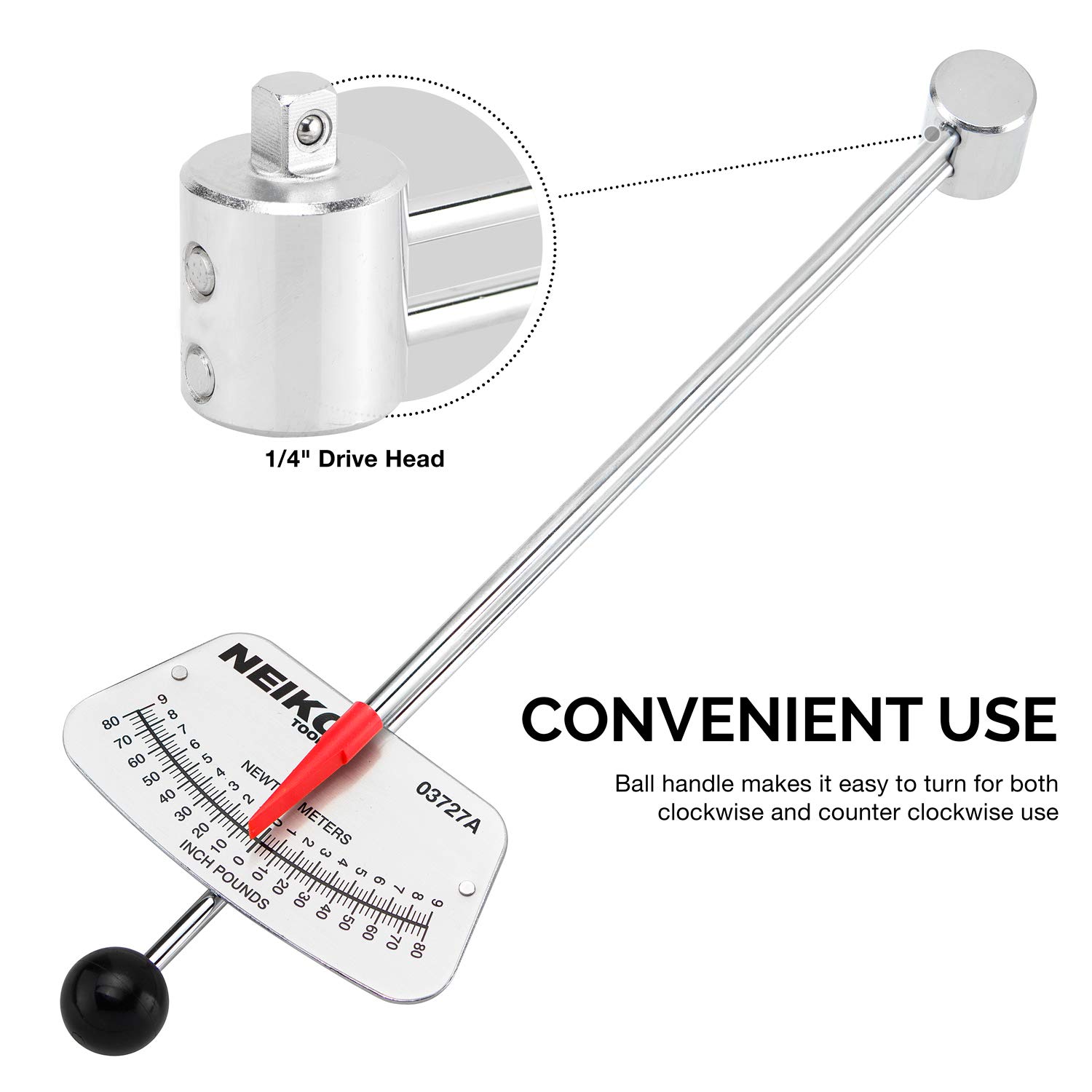 Neiko 03727A 1/4-Inch-Drive Beam Torque Wrench, SAE and MM Bicycle and Automotive Wrench, Reads in 0–80 Inches/Pounds and 0–9 Newton/Meter Increments