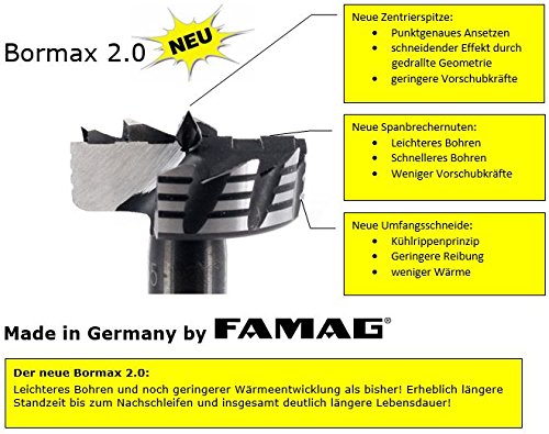 Famag Bormax 3/4 inch Forstner Bit Imperial, Outside Rim Saw Teeth, Hex Shank, Cooling Fins, Twisted Center Point, German Alloy Steel (3/4")