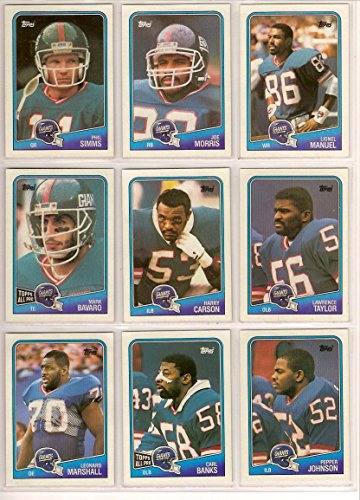 New York Giants 1988 Topps Football Team Set (16 Cards)** George Adams, Raul Allegre, Carl Banks, Mark Bavaro, Harry Carson, Erik Howard, Pepper Johnson, Terry Kinard, Sean Landeta, Leonard Marshall, Lionel Manuel, Joe Morris, Lee Rouson, Phil Simms and L