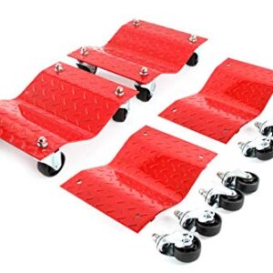 4 Tire Car Wheel Dolly Heavy Duty MEGA-Push Skates Triple Ball Bearings with Brakes 6000 lb Capacity Red