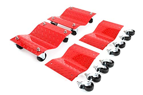 4 Tire Car Wheel Dolly Heavy Duty MEGA-Push Skates Triple Ball Bearings with Brakes 6000 lb Capacity Red