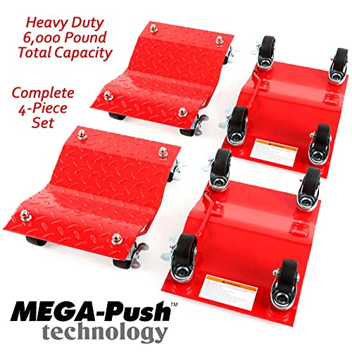 4 Tire Car Wheel Dolly Heavy Duty MEGA-Push Skates Triple Ball Bearings with Brakes 6000 lb Capacity Red