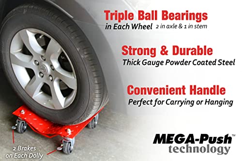 4 Tire Car Wheel Dolly Heavy Duty MEGA-Push Skates Triple Ball Bearings with Brakes 6000 lb Capacity Red