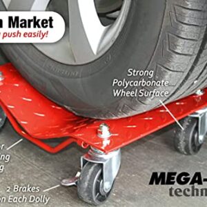 4 Tire Car Wheel Dolly Heavy Duty MEGA-Push Skates Triple Ball Bearings with Brakes 6000 lb Capacity Red