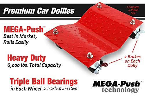 4 Tire Car Wheel Dolly Heavy Duty MEGA-Push Skates Triple Ball Bearings with Brakes 6000 lb Capacity Red