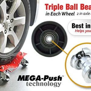 4 Tire Car Wheel Dolly Heavy Duty MEGA-Push Skates Triple Ball Bearings with Brakes 6000 lb Capacity Red