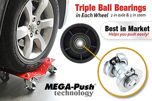 4 Tire Car Wheel Dolly Heavy Duty MEGA-Push Skates Triple Ball Bearings with Brakes 6000 lb Capacity Red