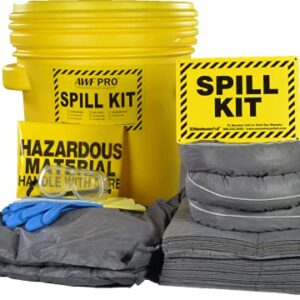 AWF PRO 20 Gallon Universal Spill Kit - 59 Pieces. Perfect for Absorbing Spills of Oils, Coolants, Solvents, & Water. Includes 20g DOT Approved Drum, Universal Socks, Pads & Pillows, & Accessories