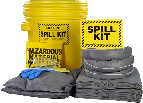 AWF PRO 20 Gallon Universal Spill Kit - 59 Pieces. Perfect for Absorbing Spills of Oils, Coolants, Solvents, & Water. Includes 20g DOT Approved Drum, Universal Socks, Pads & Pillows, & Accessories