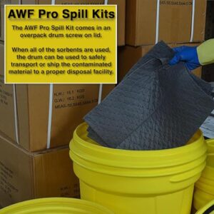 AWF PRO 20 Gallon Universal Spill Kit - 59 Pieces. Perfect for Absorbing Spills of Oils, Coolants, Solvents, & Water. Includes 20g DOT Approved Drum, Universal Socks, Pads & Pillows, & Accessories