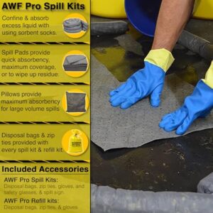 AWF PRO 20 Gallon Universal Spill Kit - 59 Pieces. Perfect for Absorbing Spills of Oils, Coolants, Solvents, & Water. Includes 20g DOT Approved Drum, Universal Socks, Pads & Pillows, & Accessories