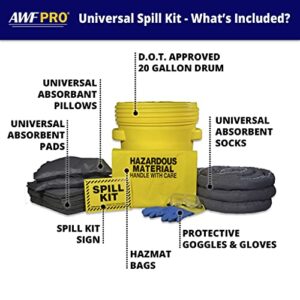 AWF PRO 20 Gallon Universal Spill Kit - 59 Pieces. Perfect for Absorbing Spills of Oils, Coolants, Solvents, & Water. Includes 20g DOT Approved Drum, Universal Socks, Pads & Pillows, & Accessories