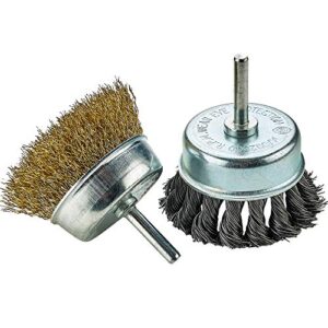 katzco wire wheels brush - 2 pack knotted and crimped cups for rust removal, corrosion and paint - hardened steel wire for reduced wire breakage and longer life