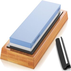 sharp pebble premium whetstone knife sharpening stone 2 side grit 1000/6000 waterstone- whetstone knife sharpener- nonslip bamboo base & angle guide