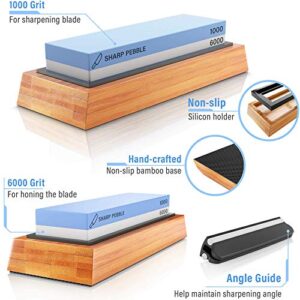 Sharp Pebble Premium Whetstone Knife Sharpening Stone 2 Side Grit 1000/6000 Waterstone- Whetstone Knife Sharpener- NonSlip Bamboo Base & Angle Guide