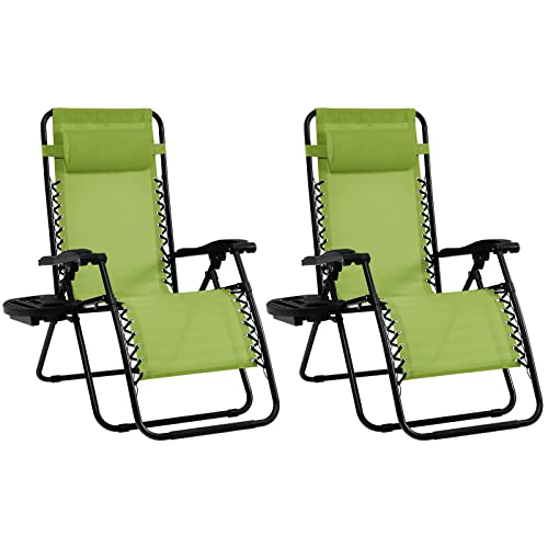 Goplus Zero Gravity Chair, Adjustable Folding Reclining Lounge Chair with Pillow and Cup Holder, Patio Lawn Recliner for Outdoor Pool Camp Yard (Set of 2, Green)