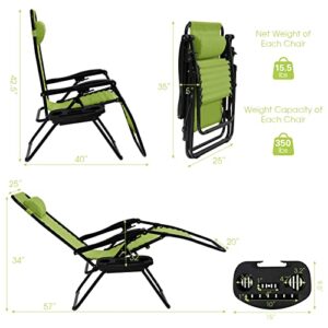 Goplus Zero Gravity Chair, Adjustable Folding Reclining Lounge Chair with Pillow and Cup Holder, Patio Lawn Recliner for Outdoor Pool Camp Yard (Set of 2, Green)