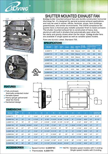 iLiving - 20" Wall Mounted Exhaust Fan - Automatic Shutter - Variable Speed - Vent Fan For Home Attic, Shed, or Garage Ventilation (Power Cord Not Included)