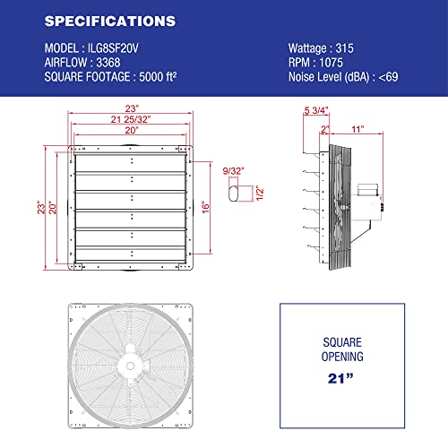 iLiving - 20" Wall Mounted Exhaust Fan - Automatic Shutter - Variable Speed - Vent Fan For Home Attic, Shed, or Garage Ventilation (Power Cord Not Included)