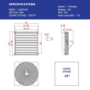 iLiving - 30" Wall Mounted Shutter Exhaust Fan - Automatic Shutter - Single Speed - Vent Fan For Home Attic, Shed, or Garage Ventilation, 5088 CFM, 7500 SQF Coverage Area, Silver (ILG8SF30S)