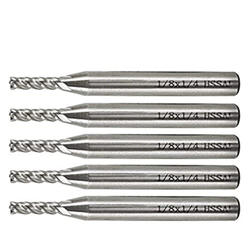 5Pcs End Mill Set, Yosoo HSS CNC 1/8'' End Mill Cutter Drill Bits 1/4'' Shank for Wood, Nylon, Aluminum, Steel, 4 Flute Straight End Mill Set 1/8'' - 1/4''