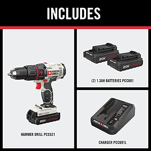 PORTER-CABLE 20V MAX Hammer Drill Kit, Compact, Cordless (PCC621LB)