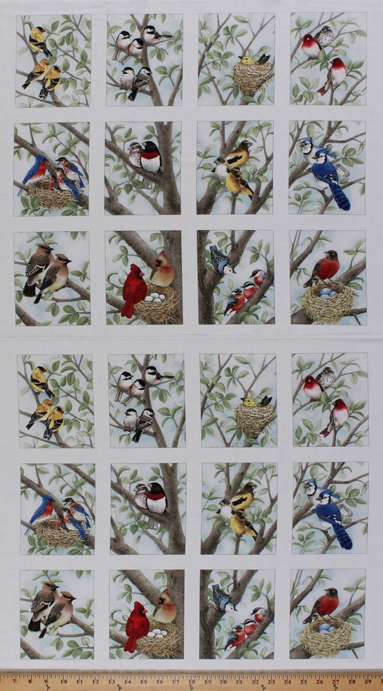 23.5" X 44" Panel Beautiful Birds Bird Nesting Bird-Watching Nests Cotton Fabric Panel (4309-CREAM-PANEL)